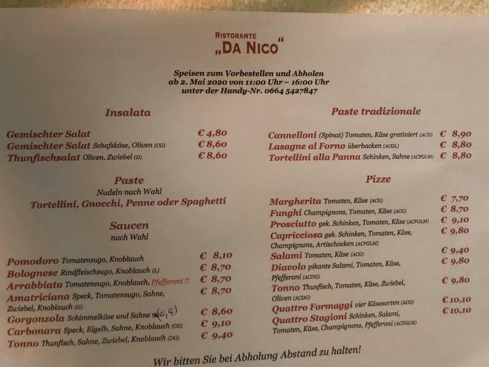 Speisekarte von Ristorante "Da Nico" cafe, Graz