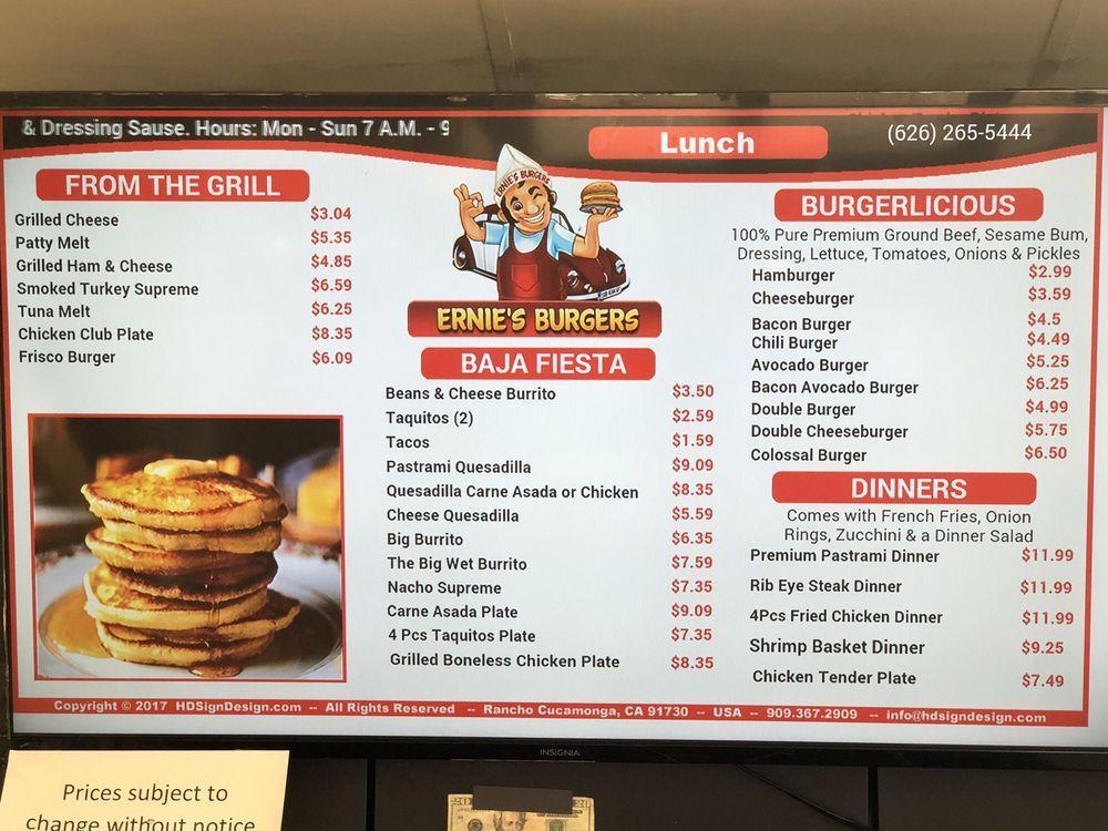 Menu at Ernie's Burgers restaurant, Alhambra