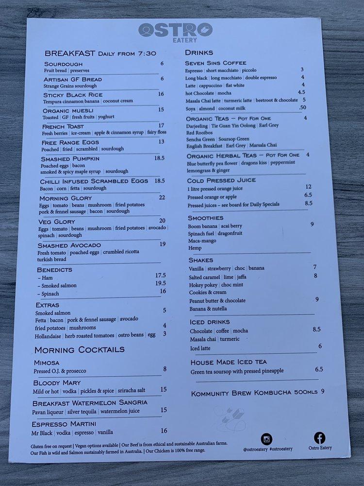 Menu at OSTRO Eatery cafe, Rockingham