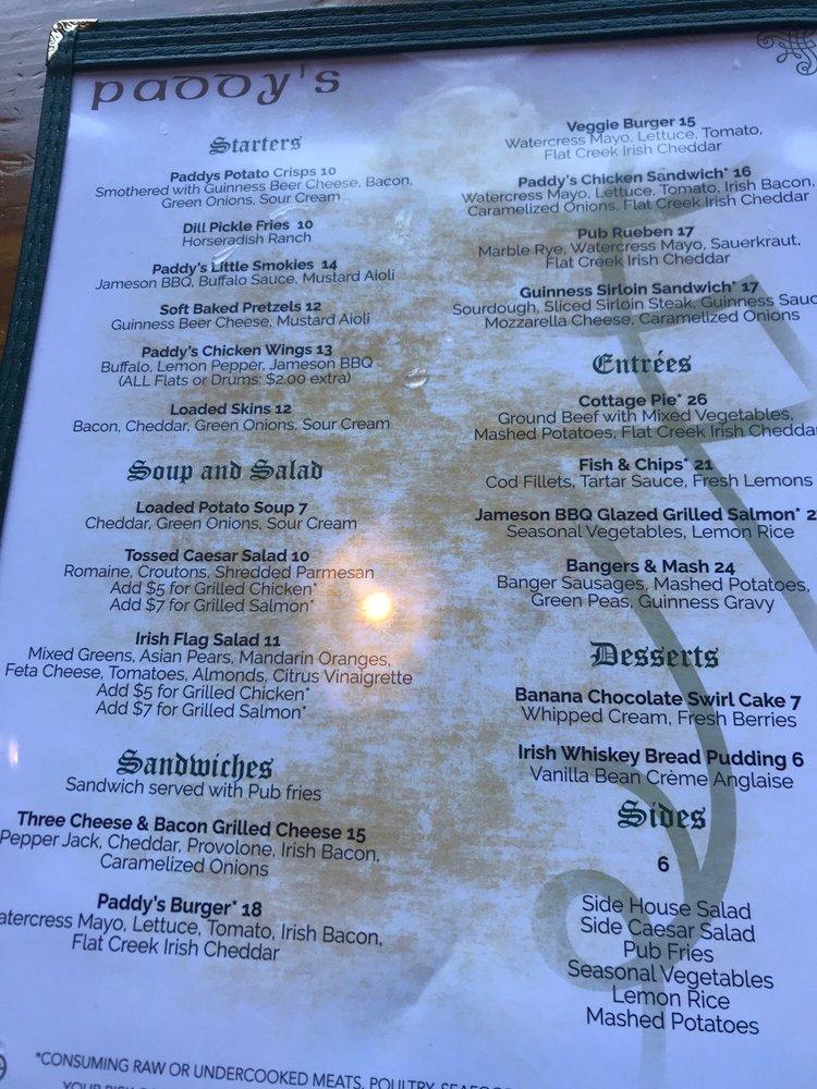 Menu at Paddy's Irish Pub, Braselton