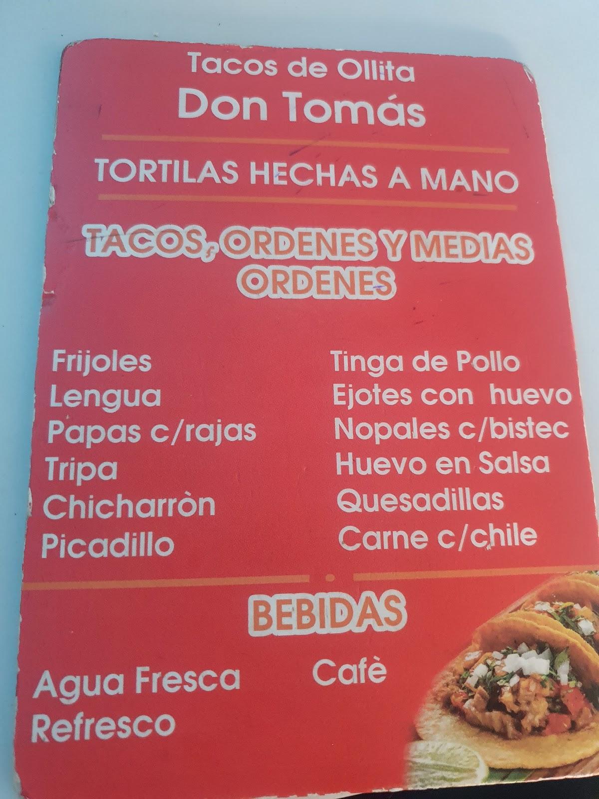 Menu at Tacos de Ollita Don Tomás restaurant, Zapotlanejo
