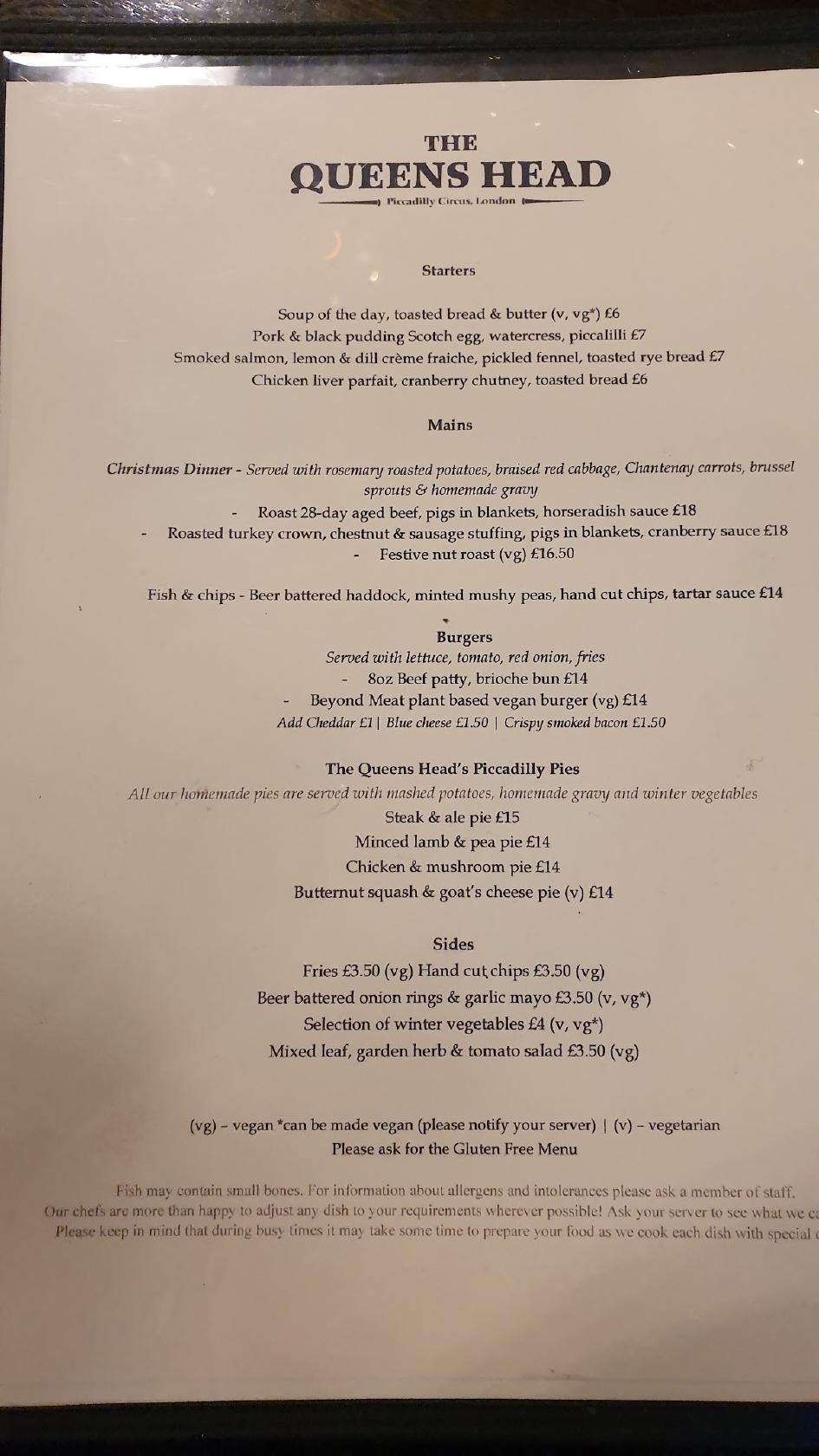 Menu at The Queens Head pub & bar, London, 15 Denman St