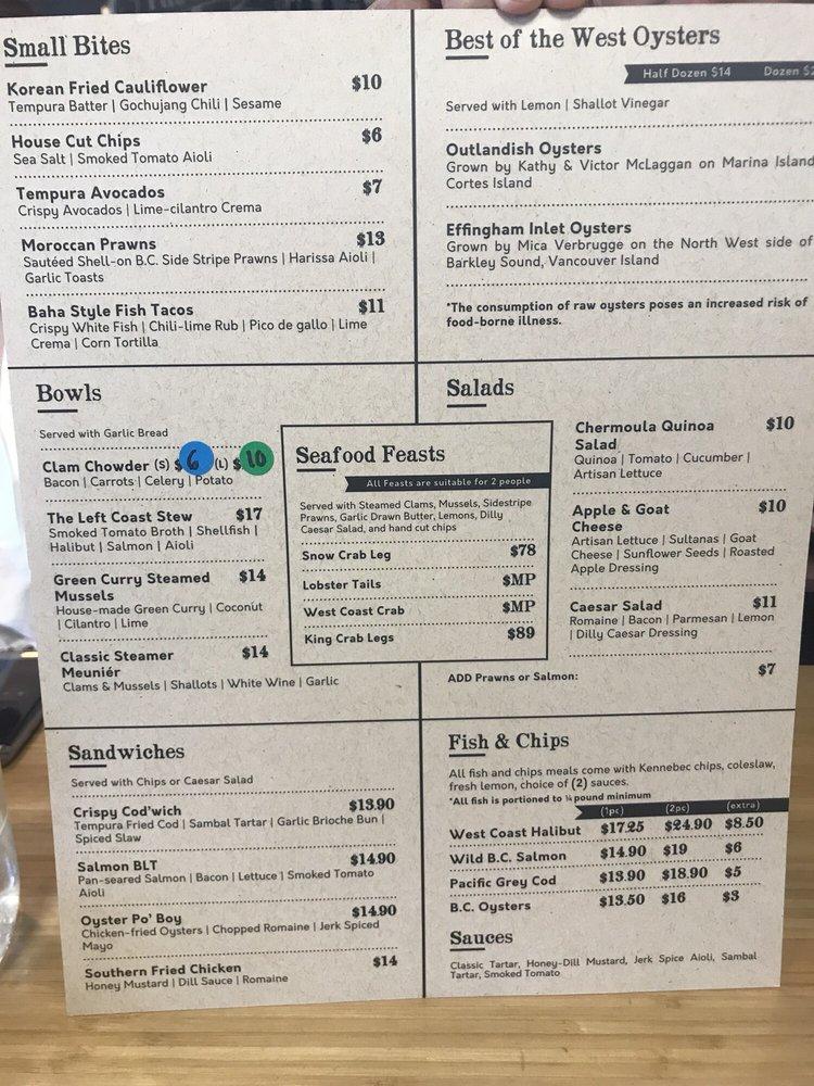 Menu at The Table at Codfathers restaurant, Kelowna