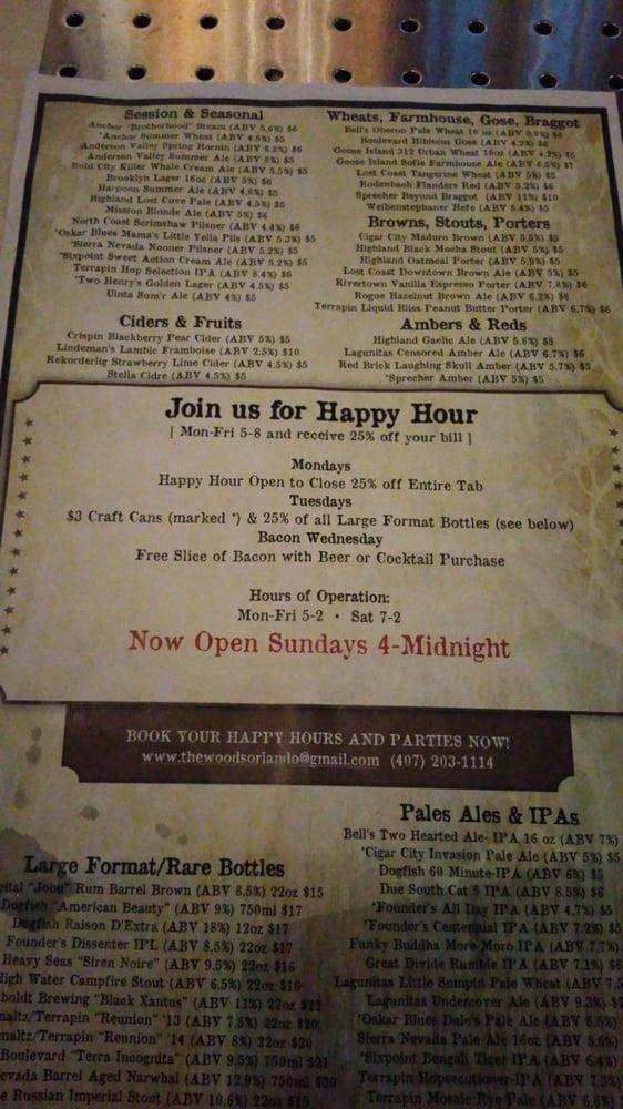 Menu at The Woods pub & bar, Orlando