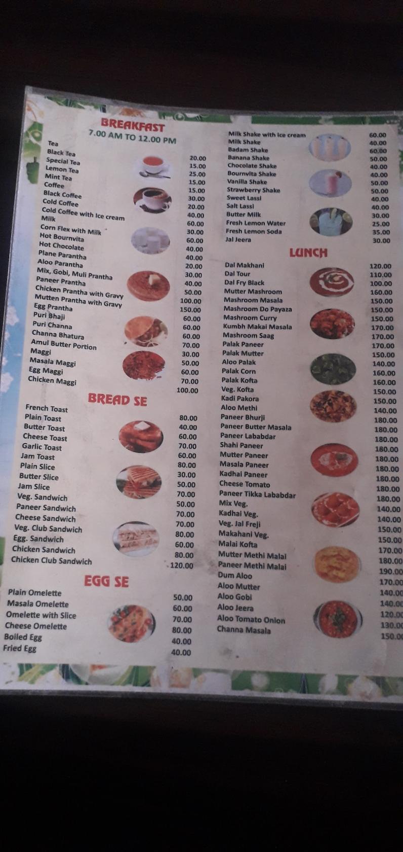 Menu at Tourist food corner, Sungal