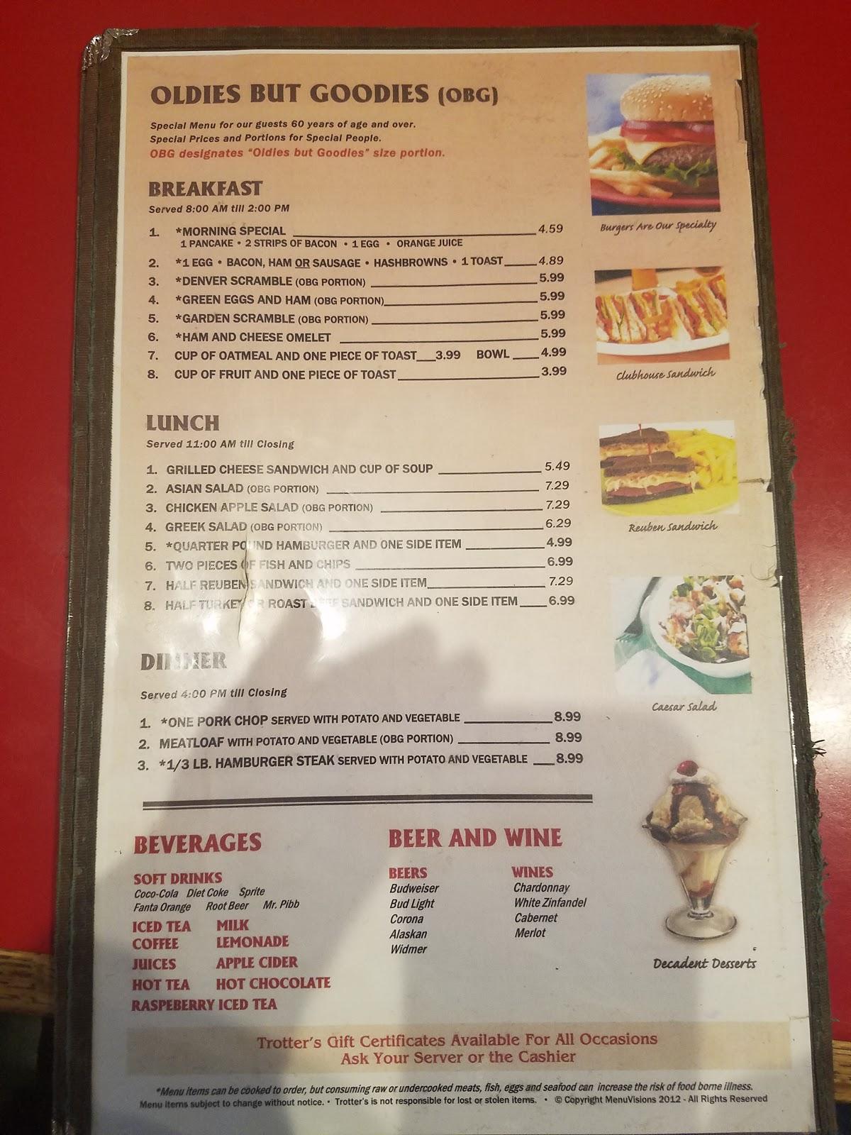 Menu at Trotter's Restaurant, Auburn