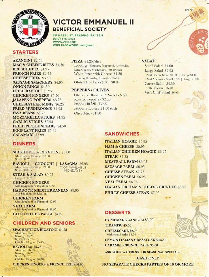 Menu at Victor Emmanuel II Beneficial Society club, Reading