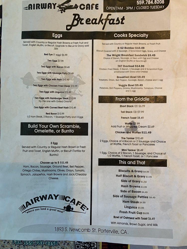 Menu at Airway Cafe, Porterville