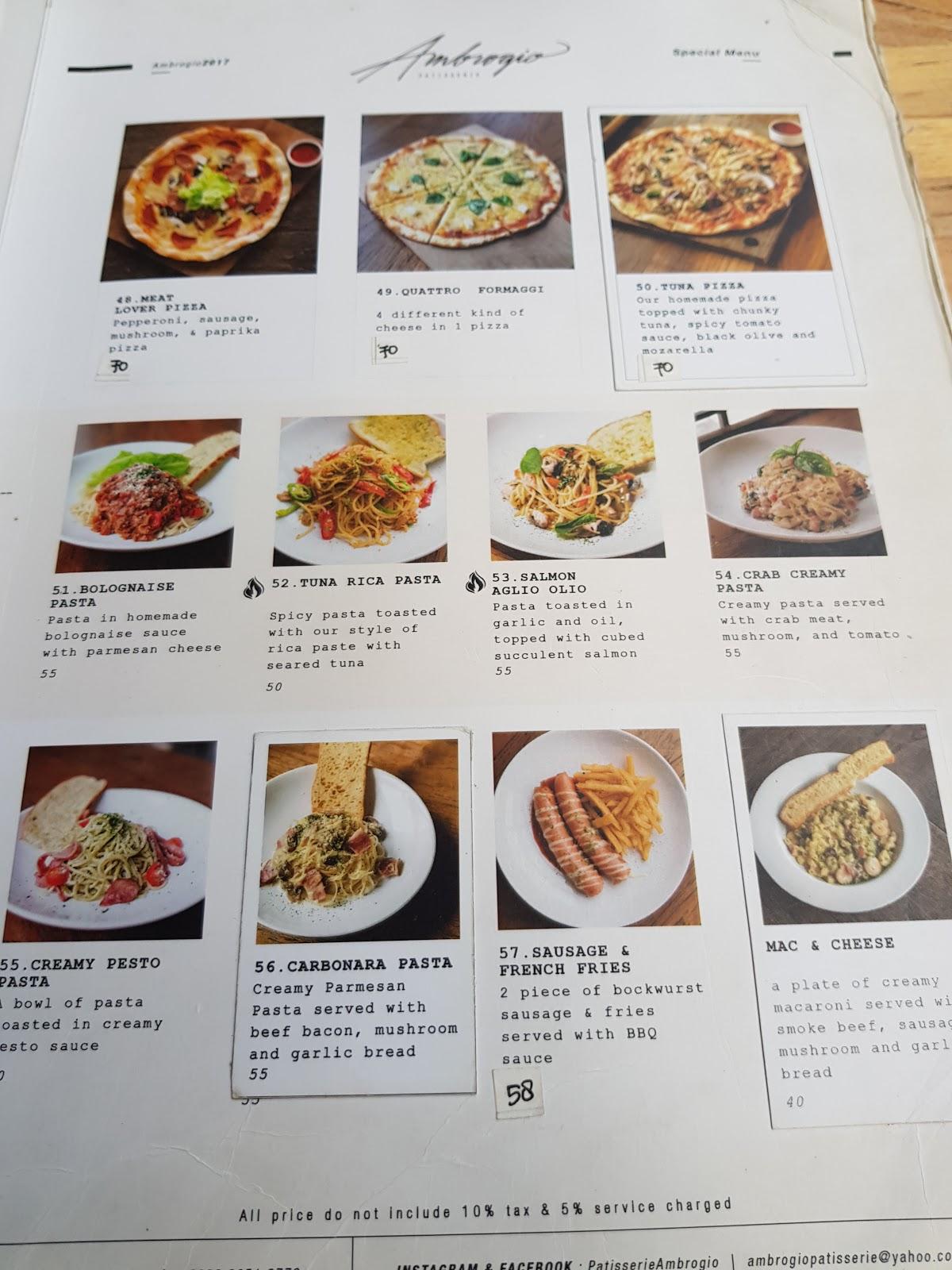 Menu at Ambrogio Patisserie cafe, Bandung