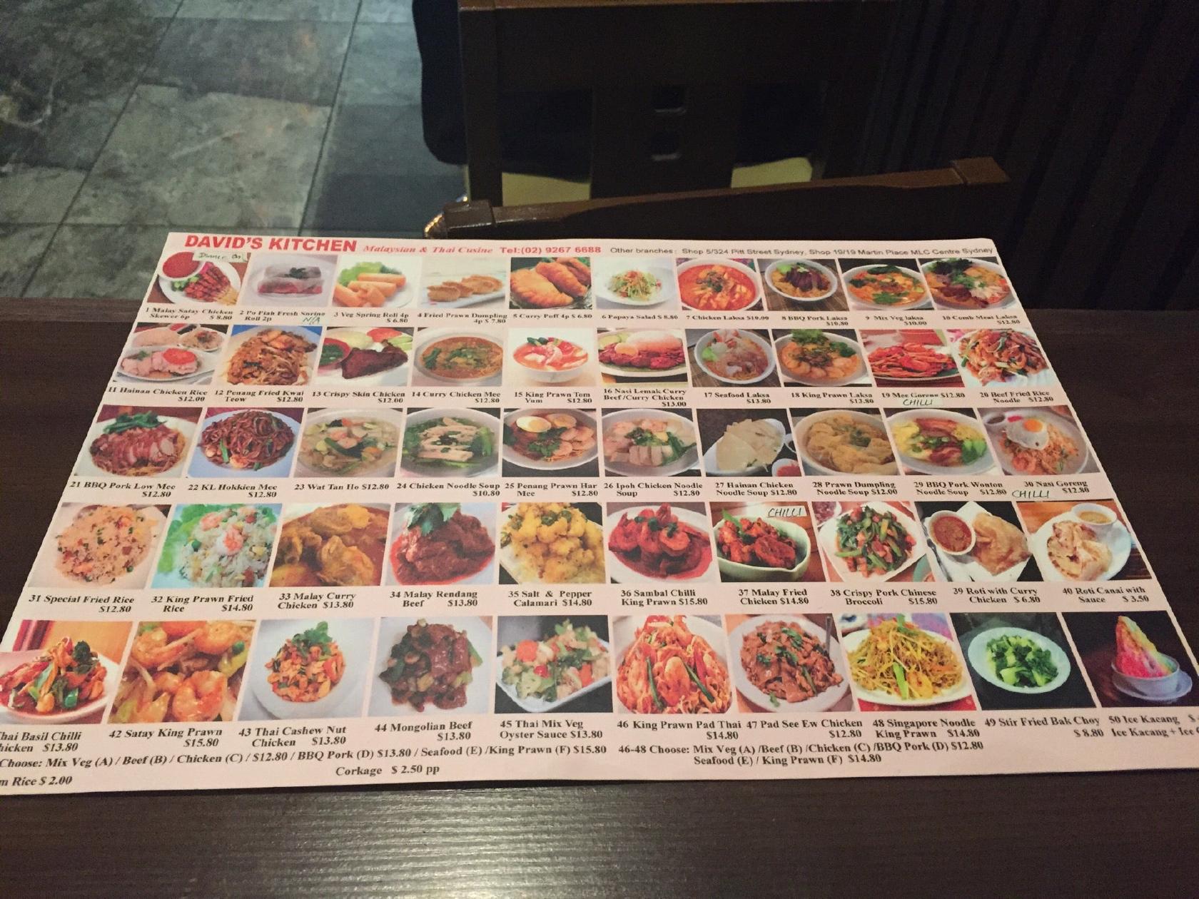 Menu at David's Kitchen restaurant, Sydney, 127 Liverpool St