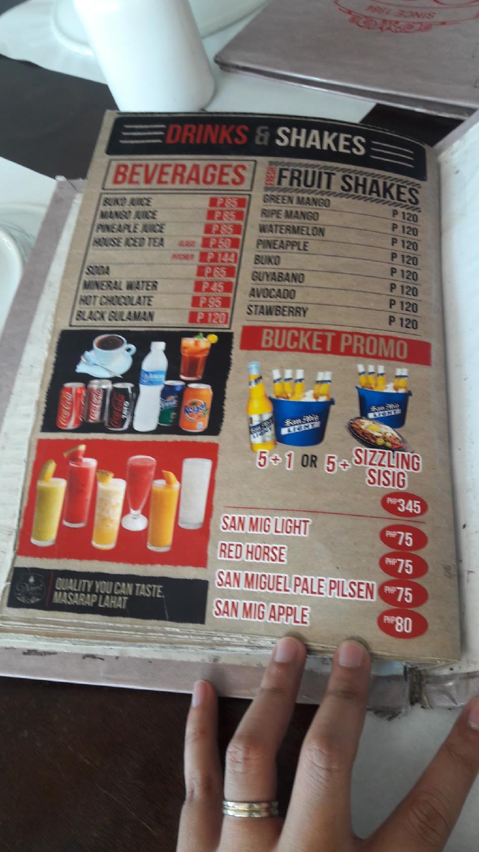 Menu at Diner's Original Bulalo restaurant, Tagaytay, 3WXC+CQ2