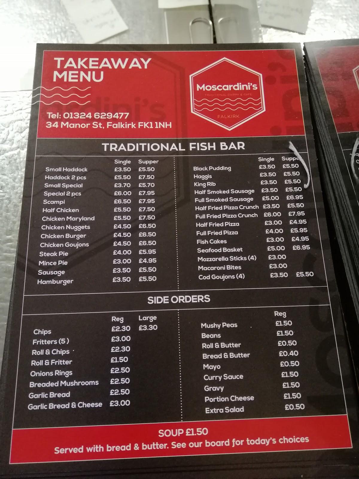 Menu at Moscardini's fast food, Falkirk