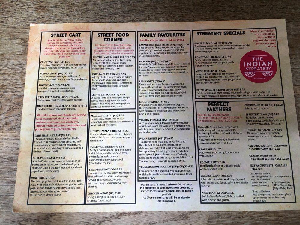 Menu at The Indian Streatery restaurant, Birmingham