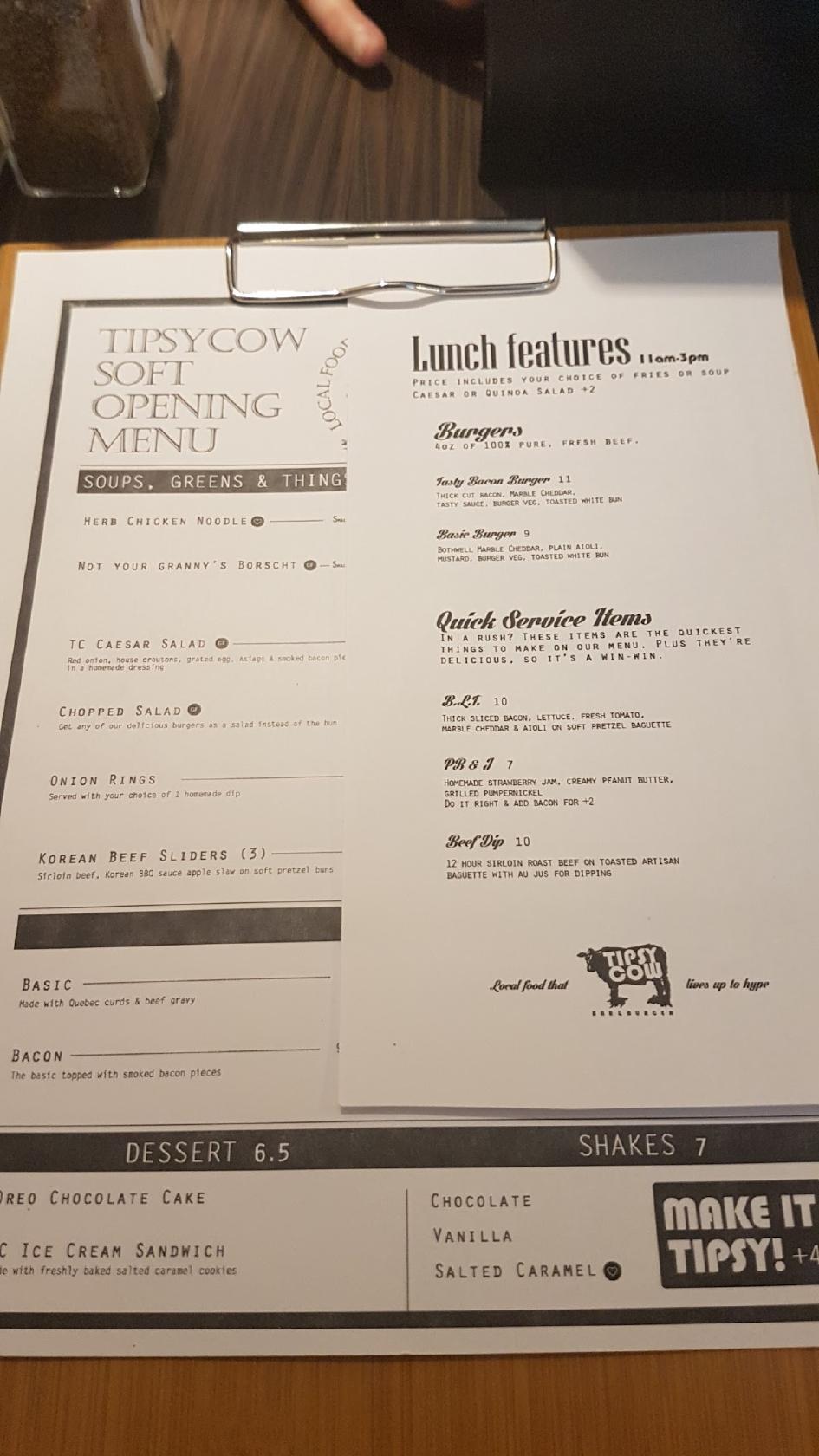 Menu at Tipsy Cow pub & bar, Winnipeg