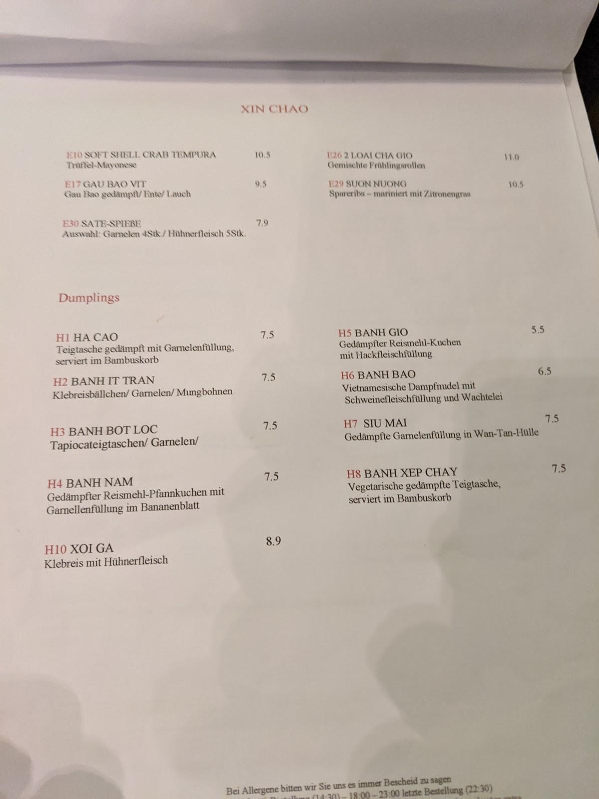 Speisekarte von Xin Chao restaurant, München