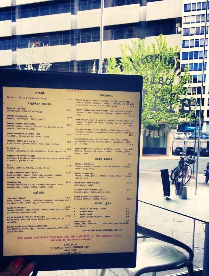 Menu at Cafe Alibi, Canberra