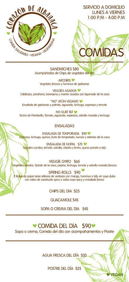 Menu at Corazón de Albahaca restaurant, Mexico