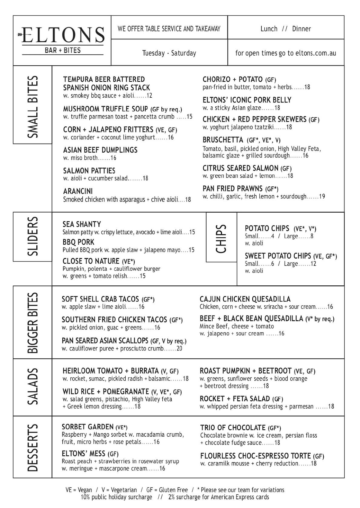 Menu at Eltons Bar + Bites, Mudgee
