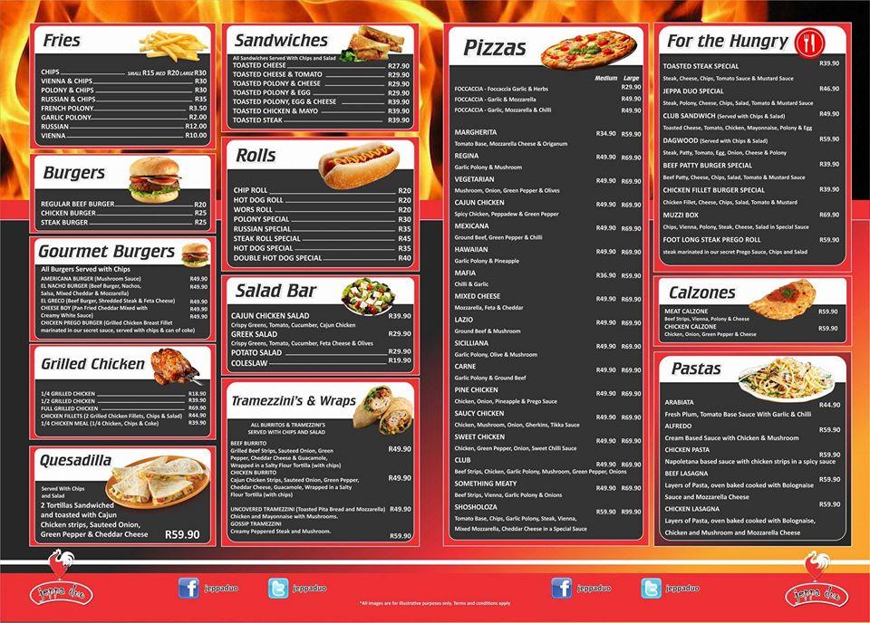 Menu at Jeppa Duo restaurant, Lenasia