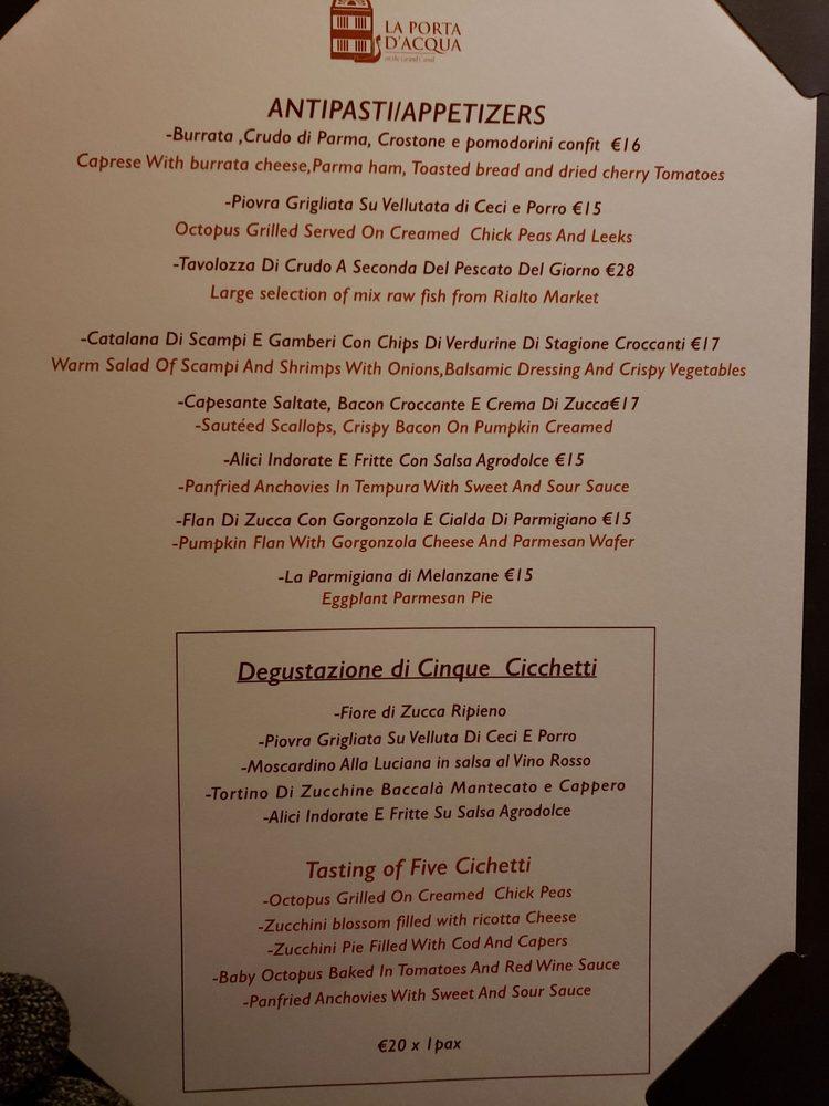 Menu at La Porta d'Acqua - Restaurant On Grand Canal, Venice