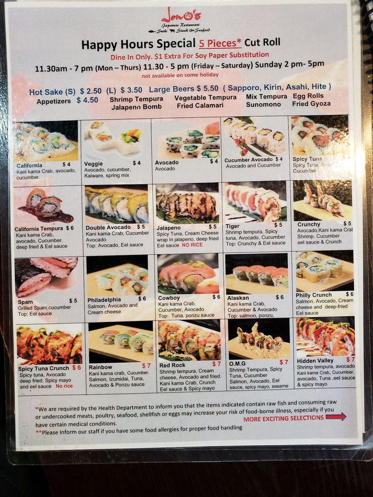 Carta de Jono's Japanese Restaurant, Norco