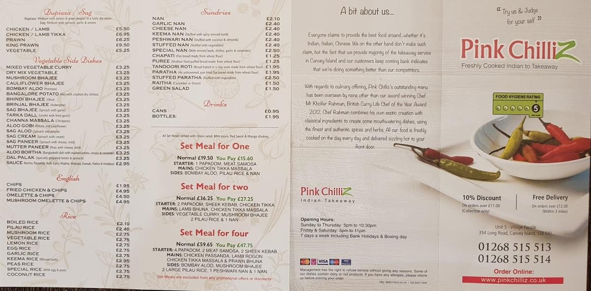 Menu at Pink Chilliz restaurant, Canvey Island, 354 Long Rd