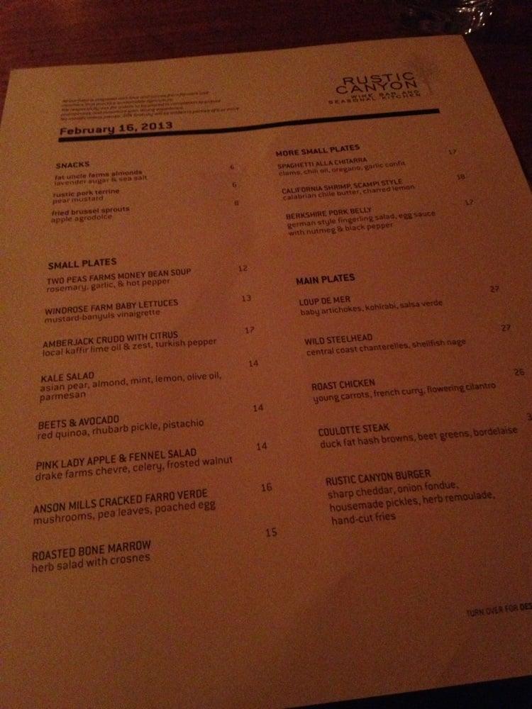 Menu at Rustic Canyon pub & bar, Santa Monica