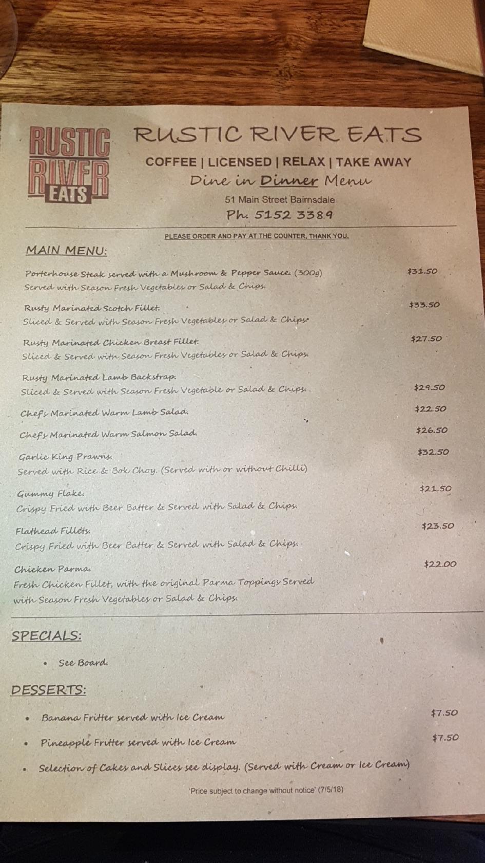 Menu at Rustic River Eats cafe, Bairnsdale