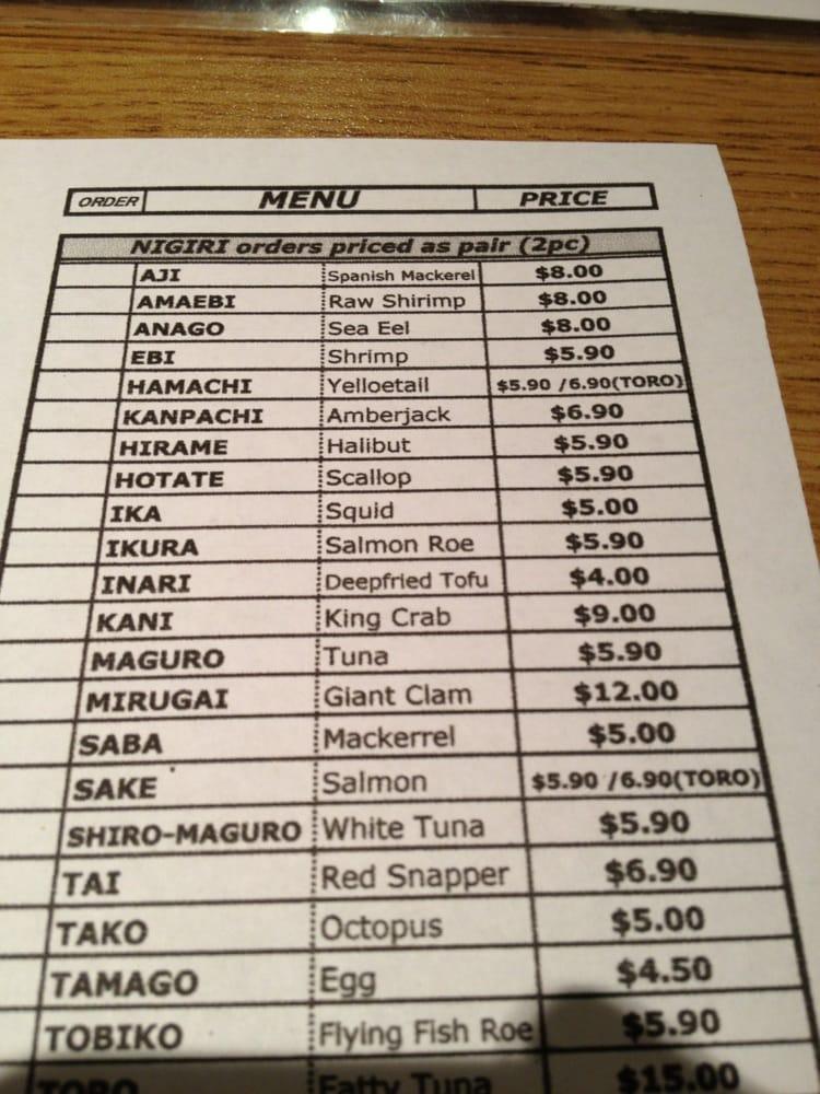 Menu at Sushi Tomi restaurant, Mountain View, 635 W Dana St
