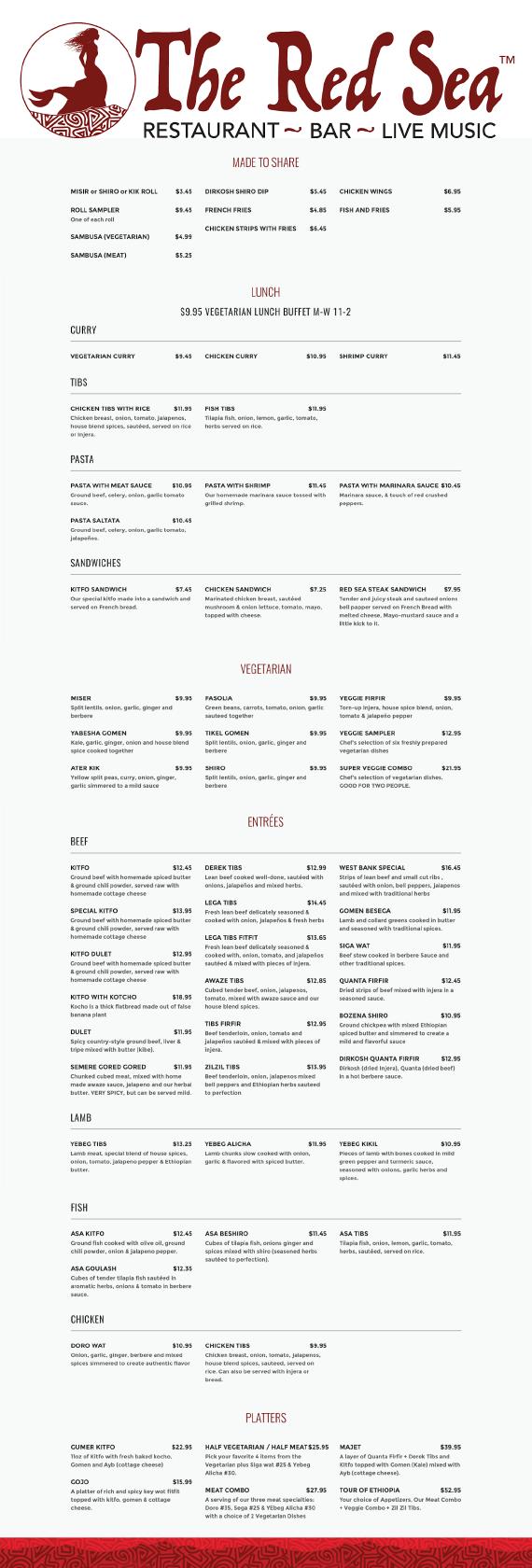 Menu at The Red Sea Ethiopian Restaurant, Minneapolis, 320 Cedar Ave South