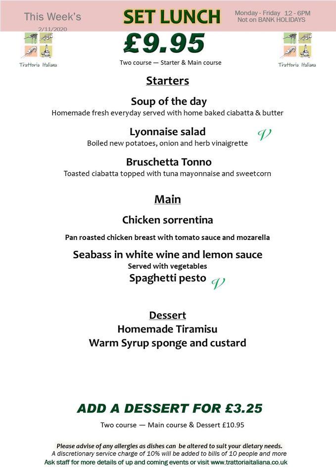 Menu at Trattoria Italiana restaurant, Bexhill