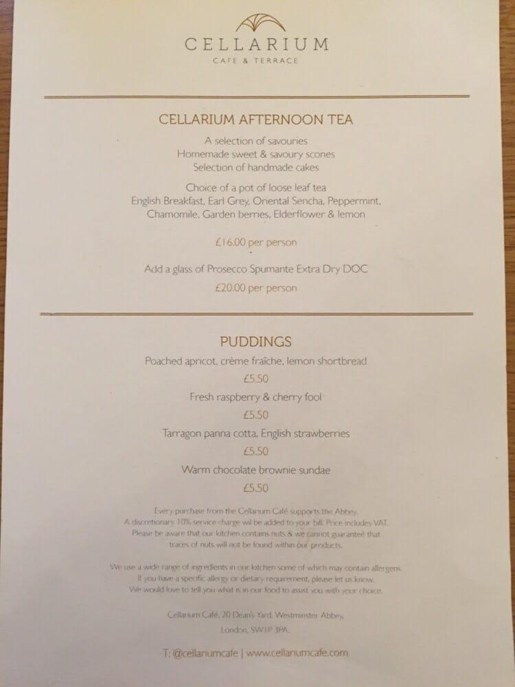 Carta de Cellarium Cafe & Terrace, Londres