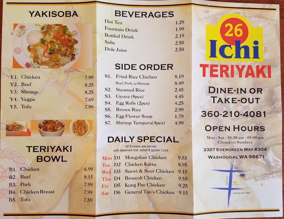 Menu at Ichi Teriyaki 26 restaurant, Washougal