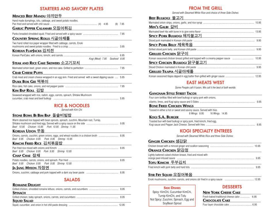 Menu at Kogi Korean Grill restaurant, San Antonio