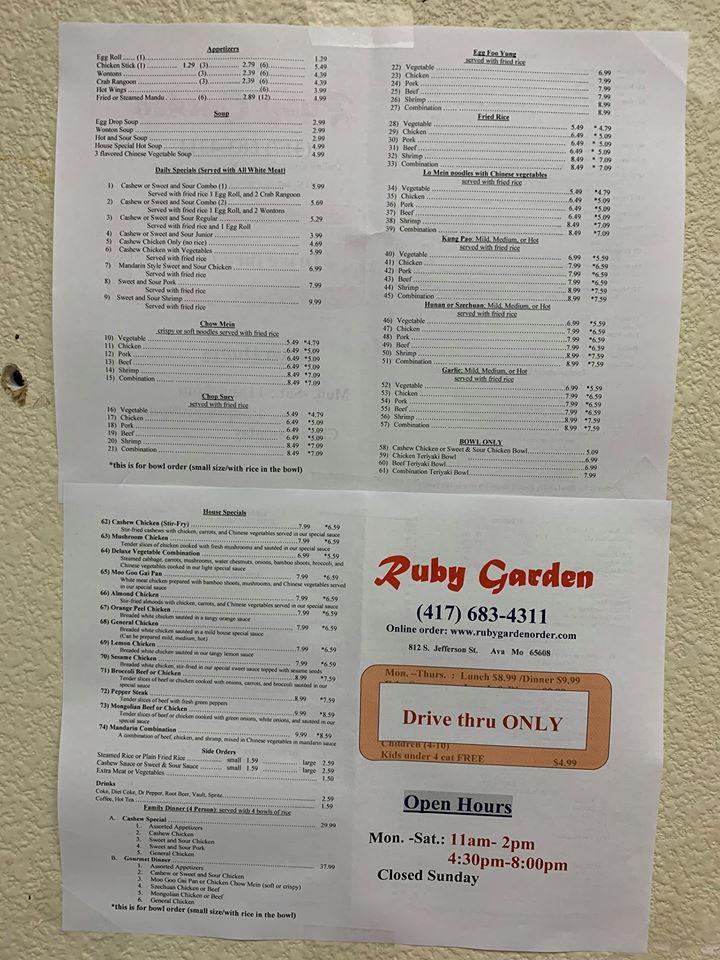 Menu at Ruby Garden restaurant, Ava