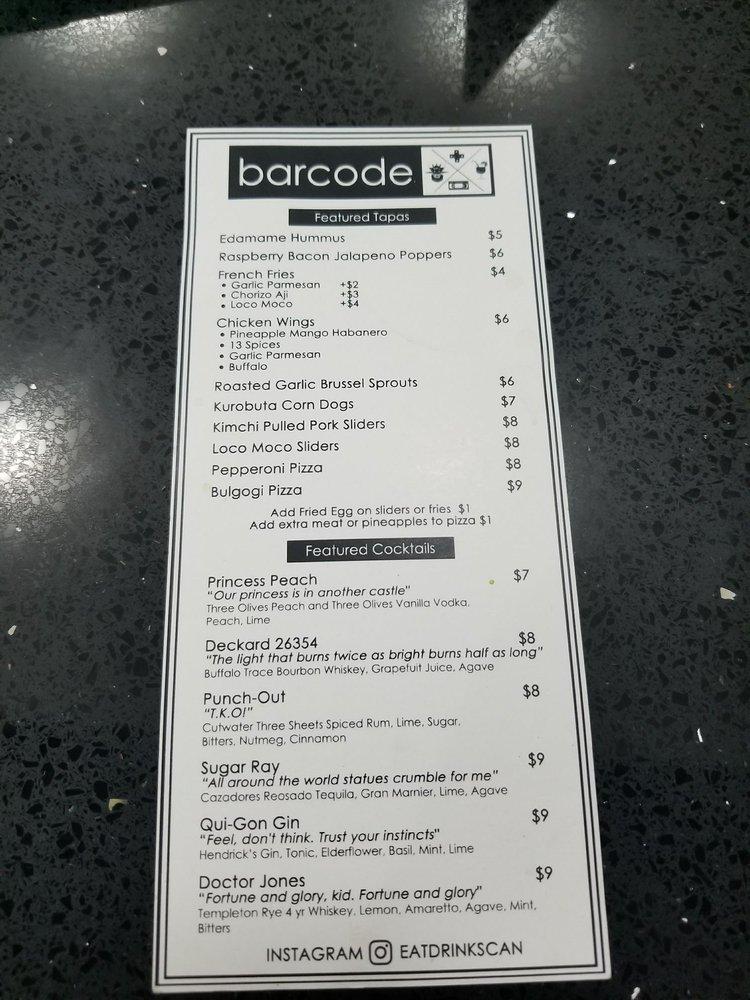 Menu at Barcode, Garden Grove