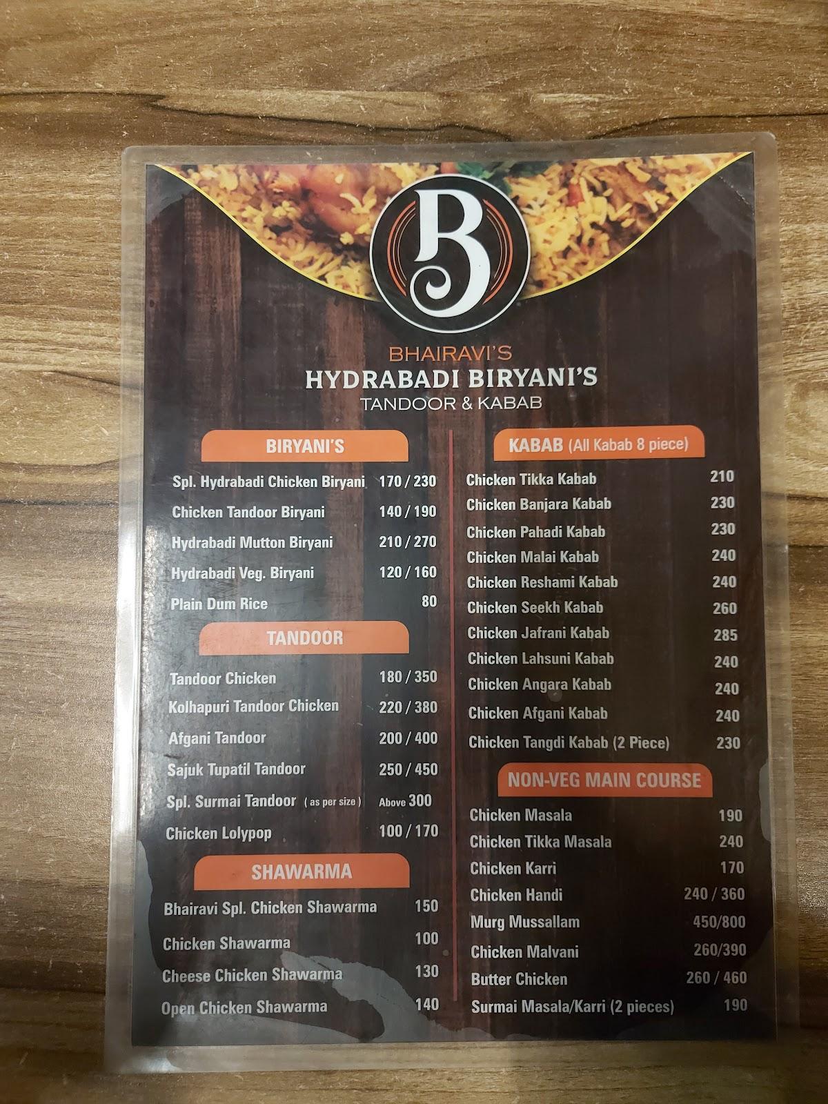 Menu at Bhairavi’s Hyderabadi Biryani And Tandoor, Pune