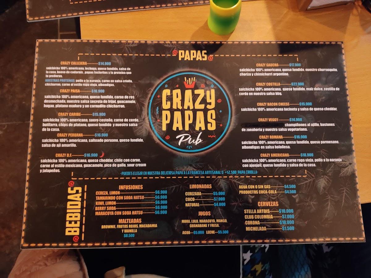 Carta de Crazy Papas Pub, Bogotá