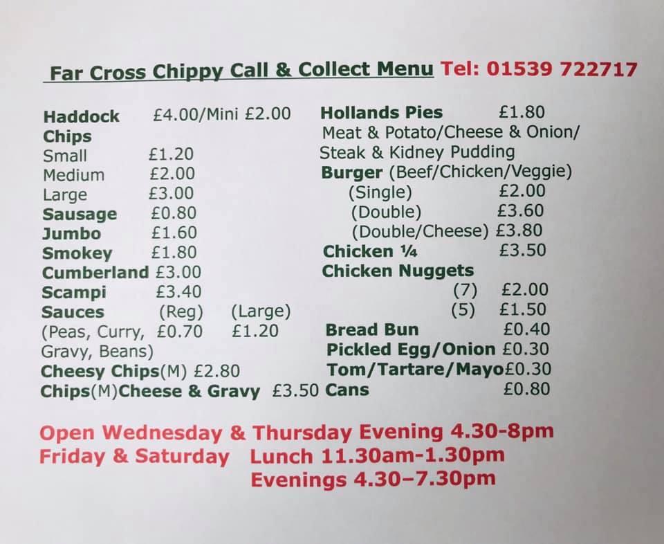 Menu at Far Cross Chippy fast food, Kendal
