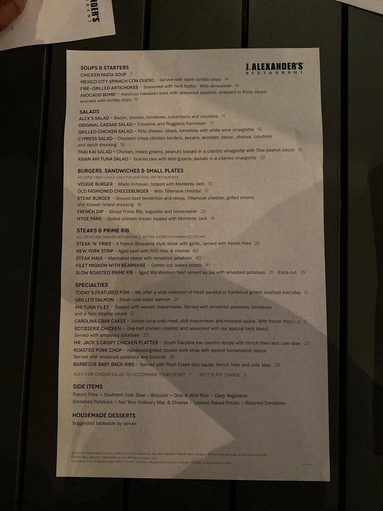 Menu at J. Alexander's Restaurant, Palm Beach Gardens, PGA Boulevard