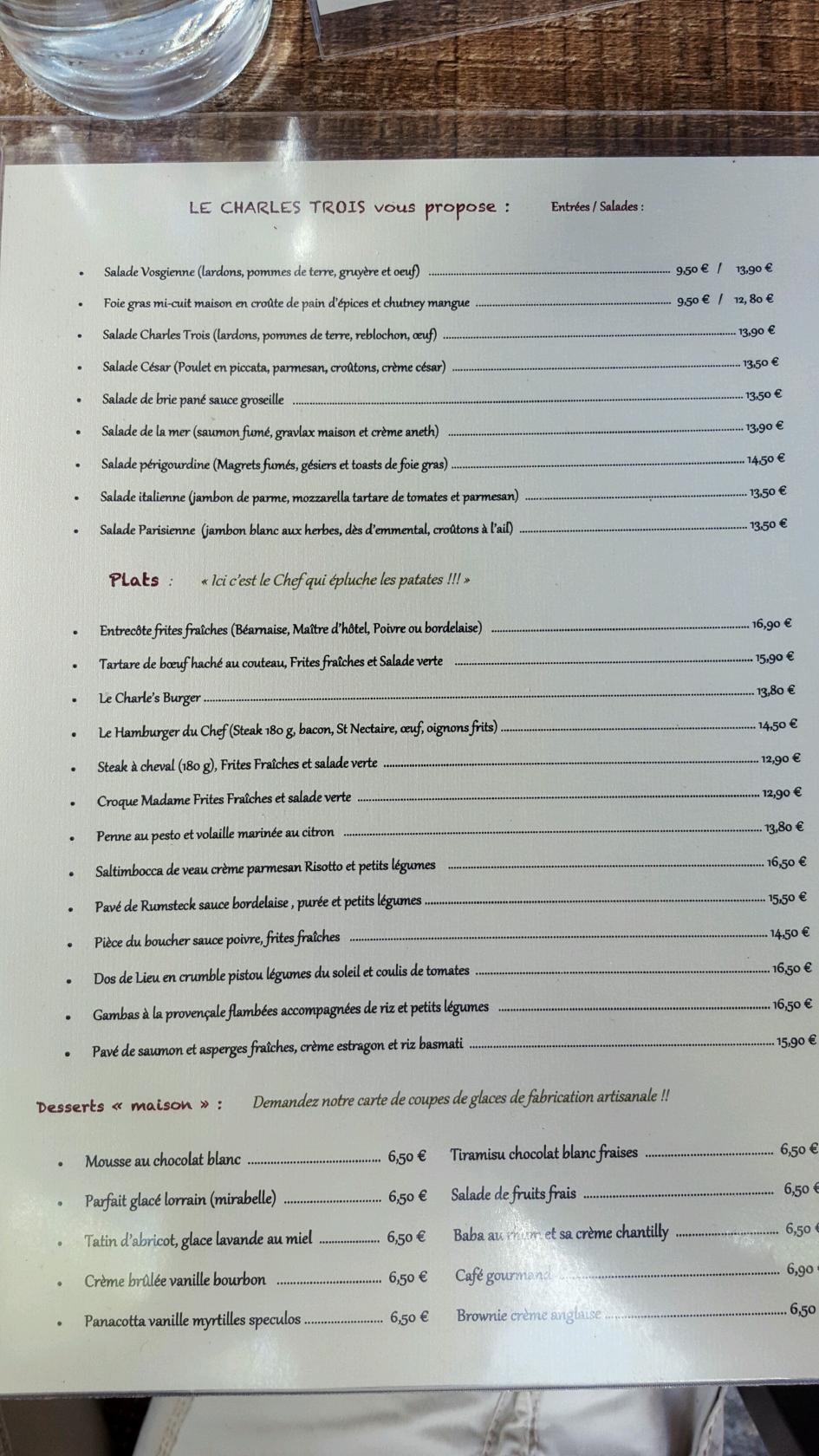Menu au Le Charles Trois restaurant, Nancy