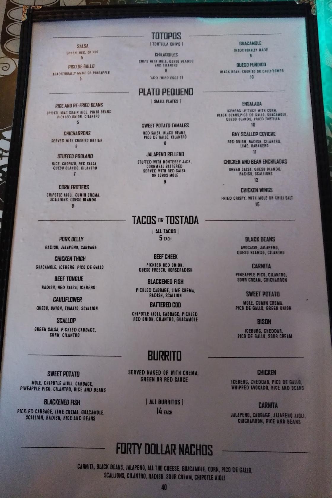 Menu at Los Lobos restaurant, London