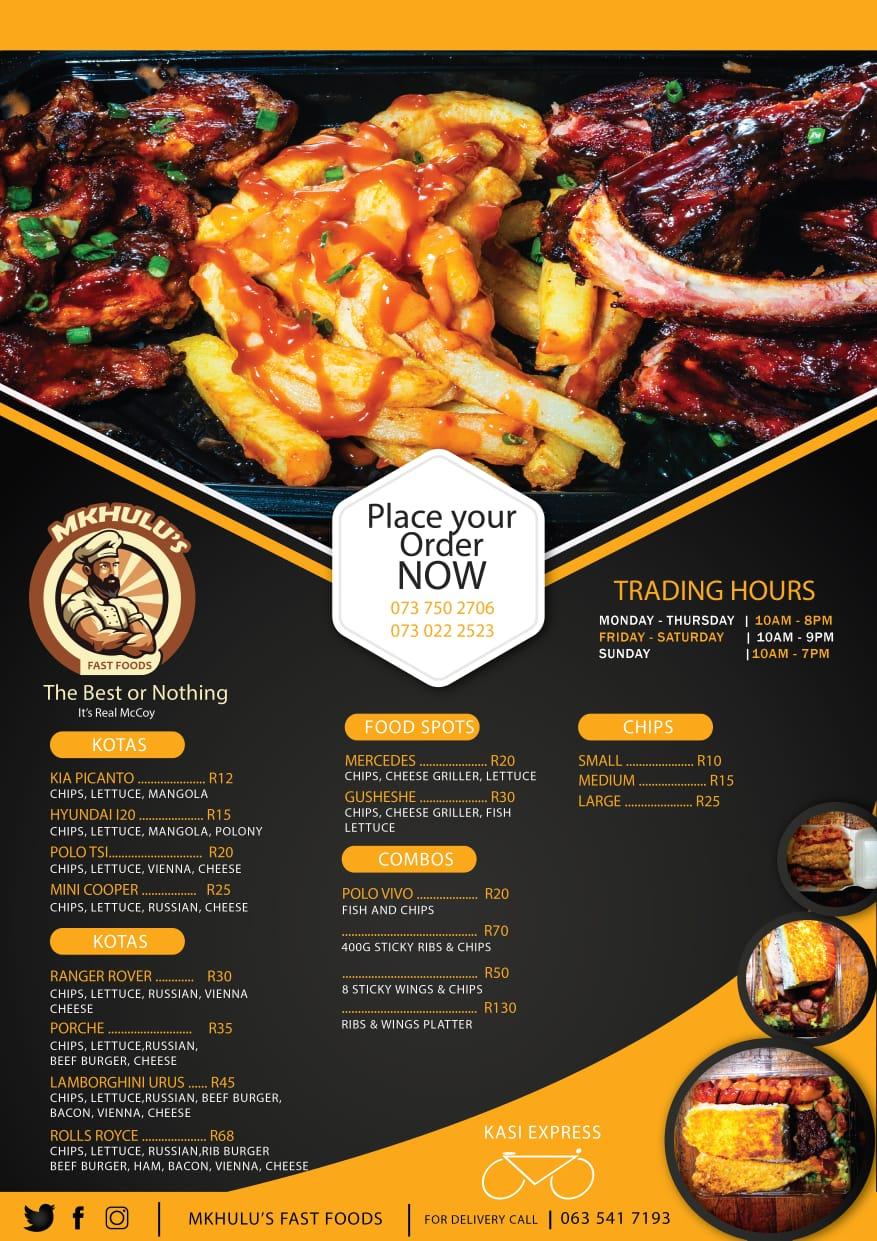 Speisekarte von Mkhulu's fast food, Benoni, Main St