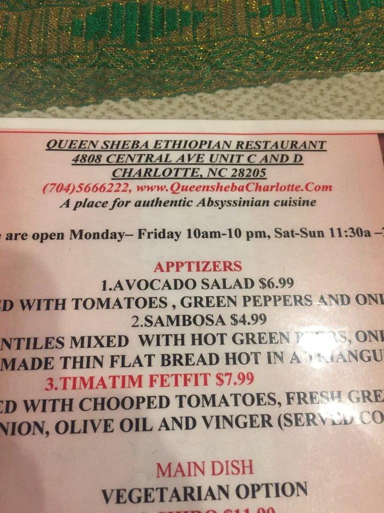 Menu at Queen Sheba Ethiopian Restaurant, Charlotte