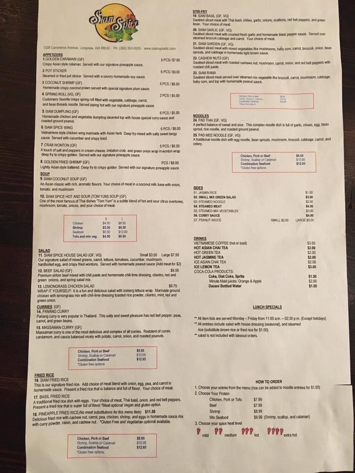 Menu at Siam Spice restaurant, Longview