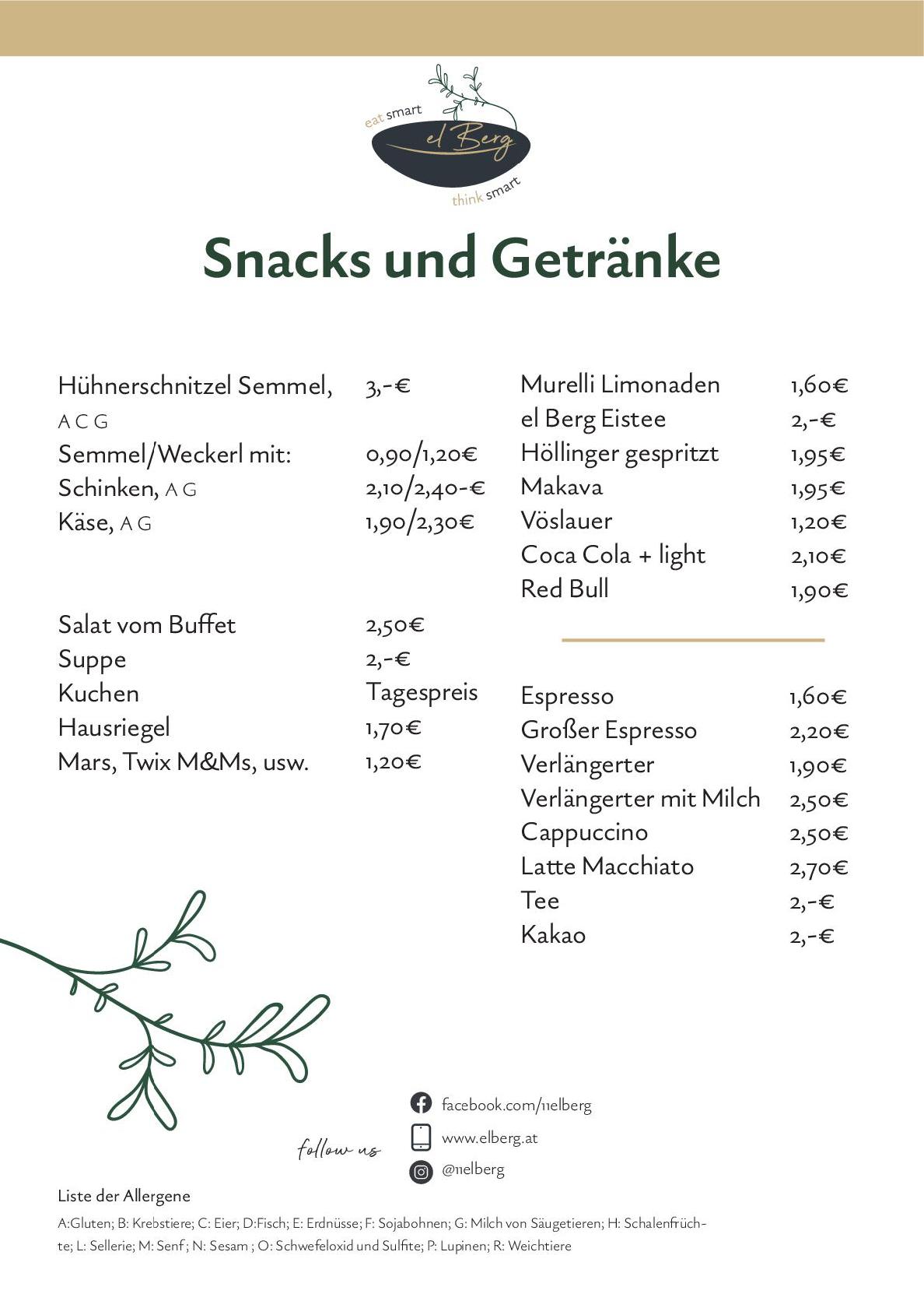 Menu at el Berg restaurant, Vienna