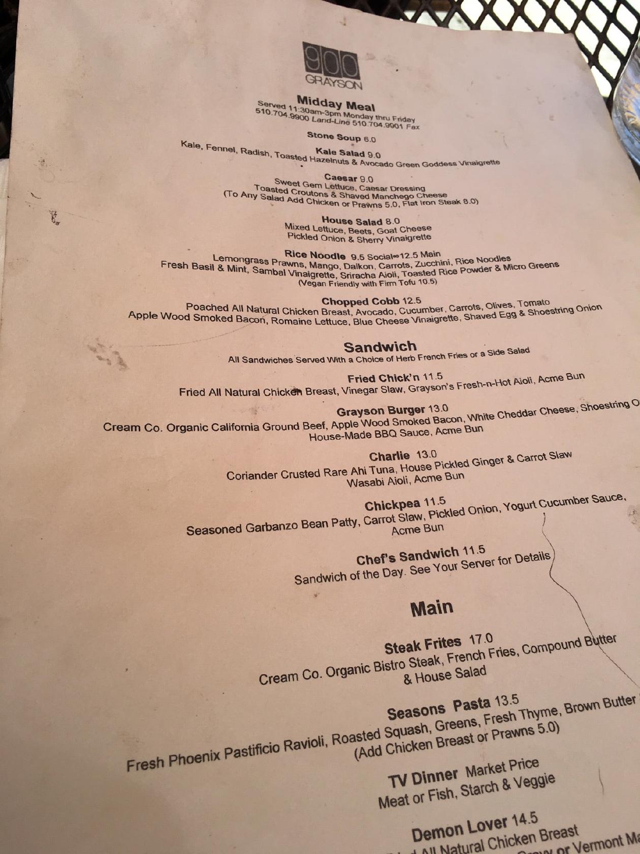 Menu at 900 Grayson restaurant, Berkeley