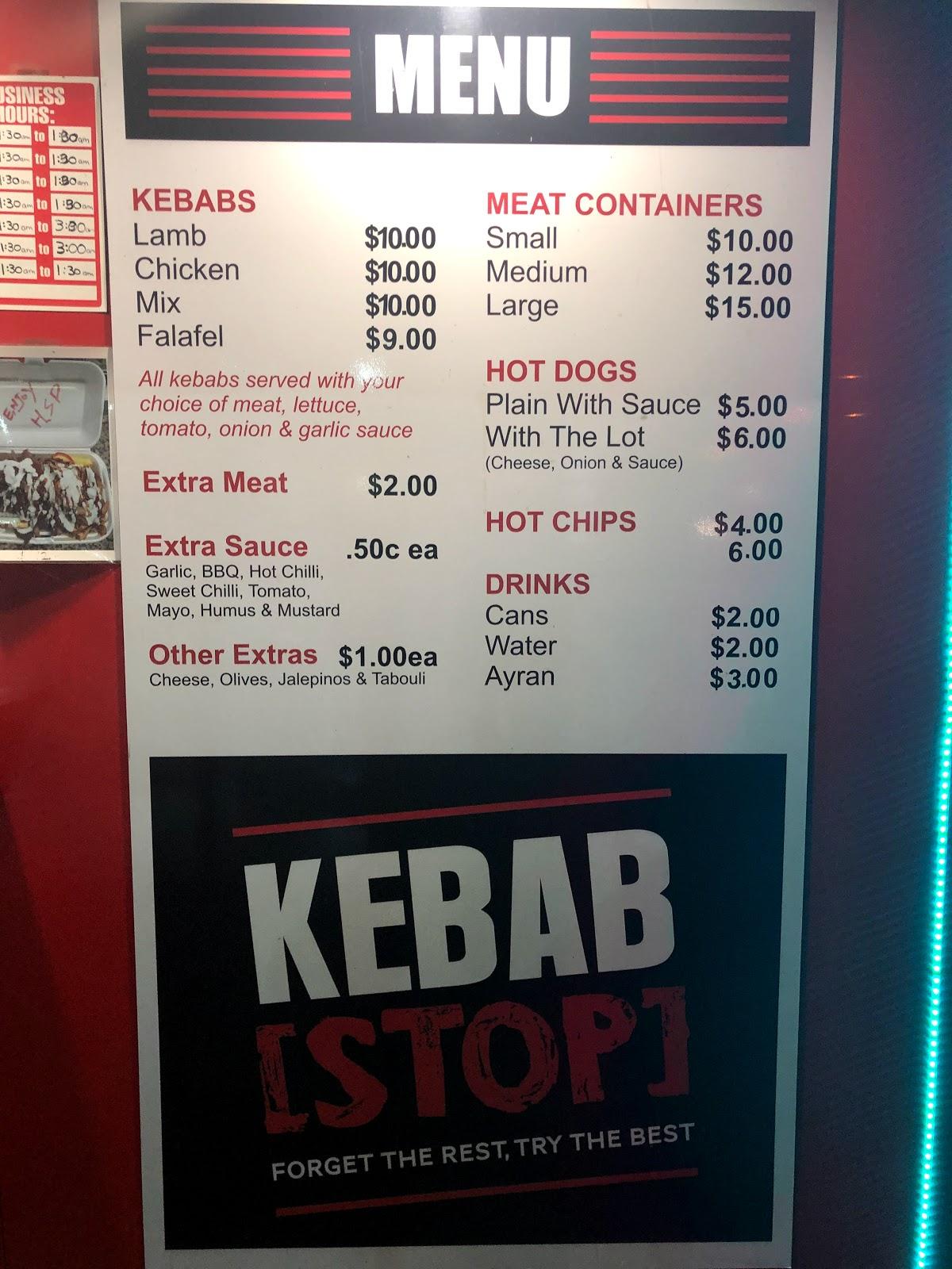Menu at Kebab Stop fast food, Rowville