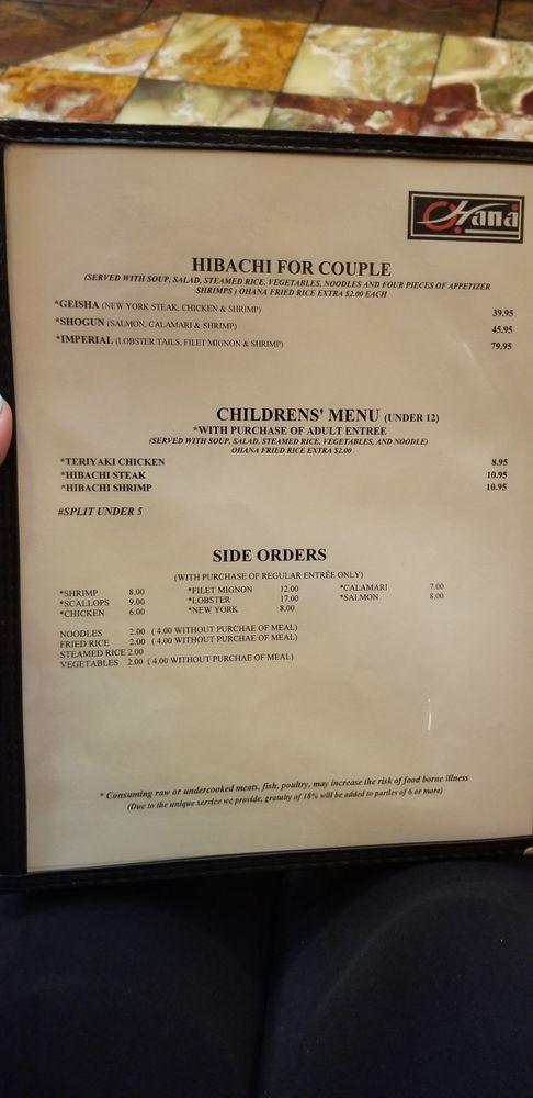 Menu at O'Hana Japanese Steakhouse, Springfield