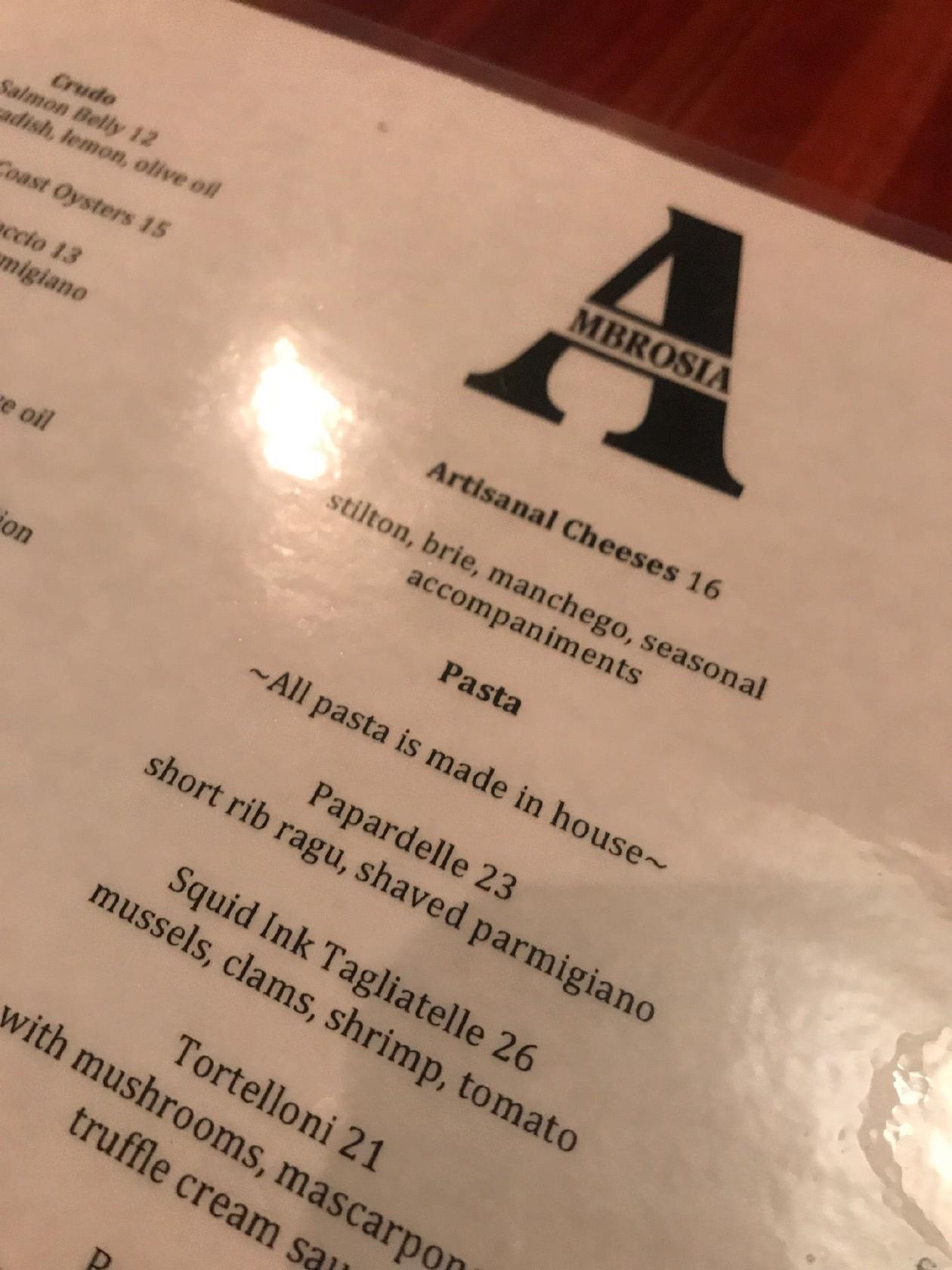Menu at Ambrosia Ristorante BYOB restaurant, Philadelphia
